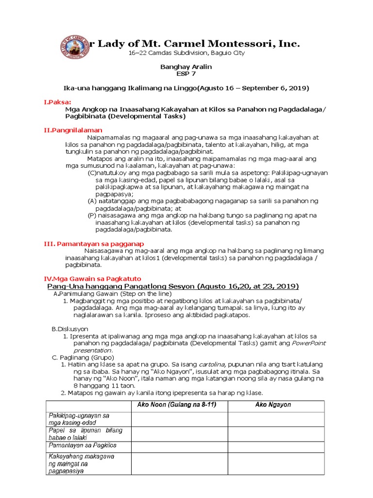 ESP 7 - First Quarter Lesson Plan | PDF