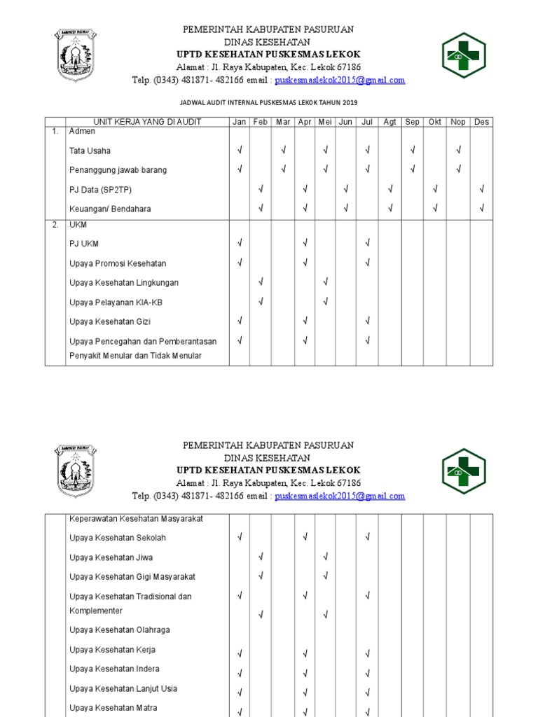 Jadwal Audit Internal Puskesmas Lekok Tahun 2019 | PDF