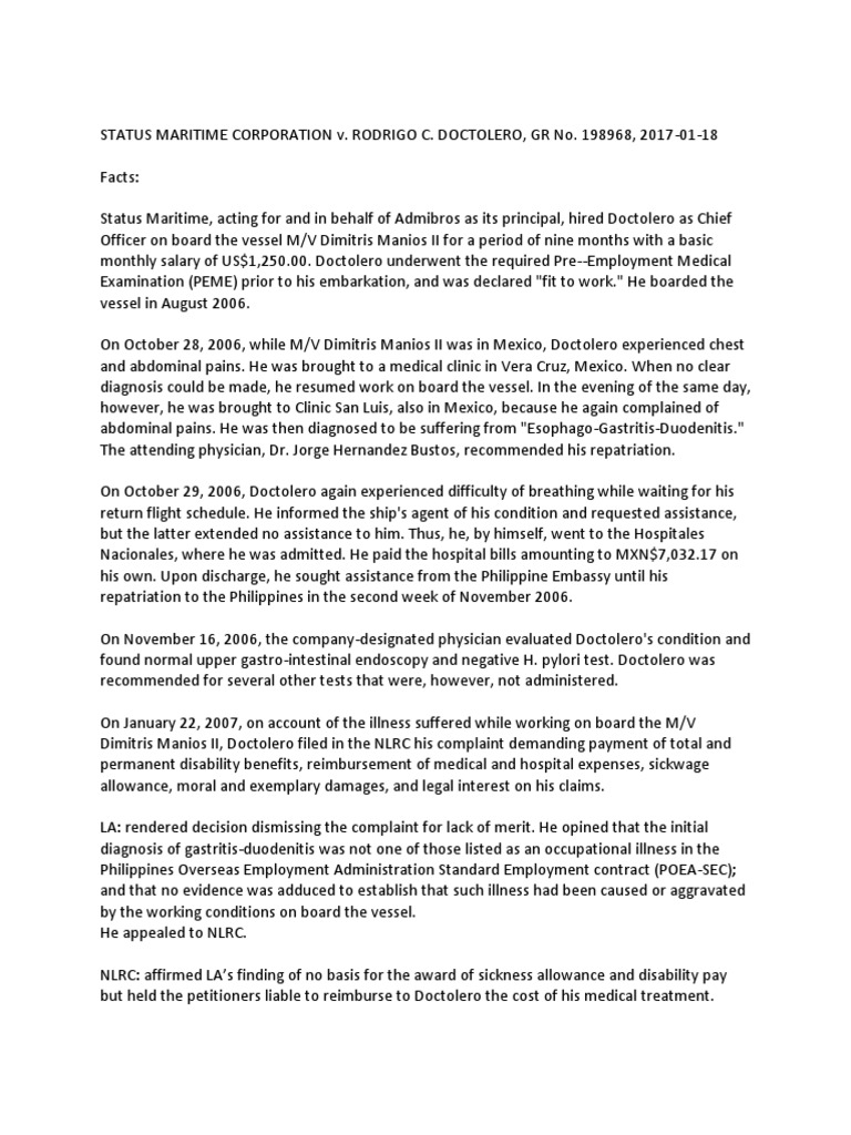 Status Maritime Corporation V Doctolero | PDF | Disability | Employment