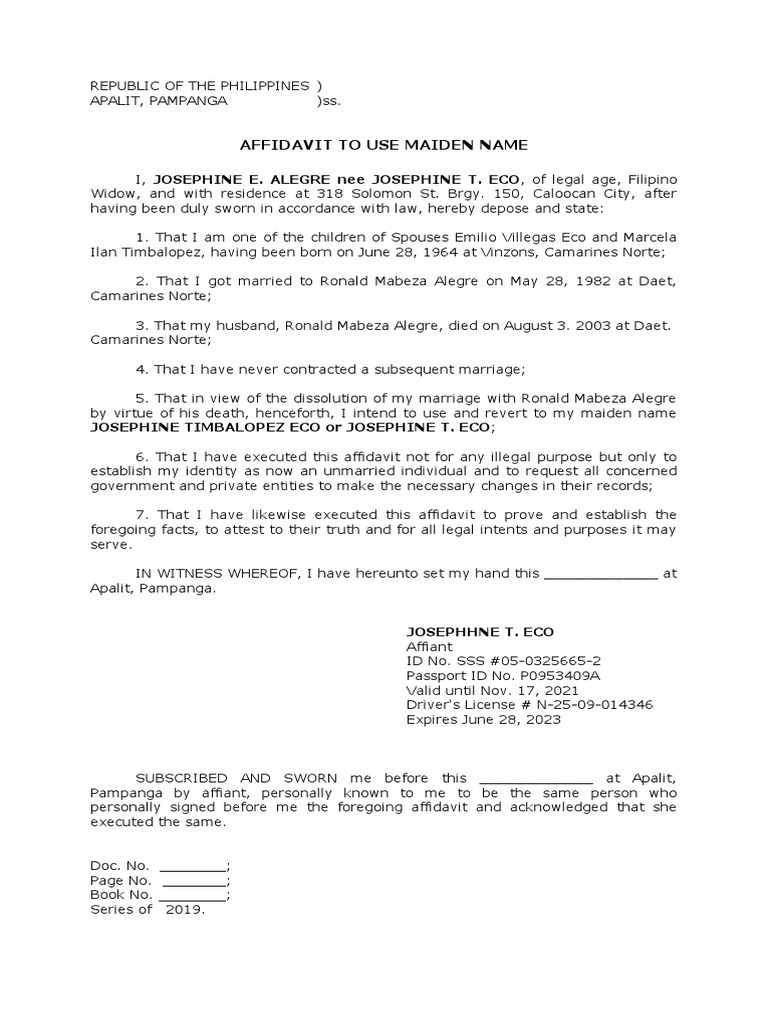 Affid - To Use Maiden Name - Mamjo | PDF | Social Science