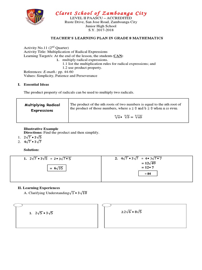 Grade 8 Math: Multiplying Radicals Guide | PDF | Multiplication | Pedagogy