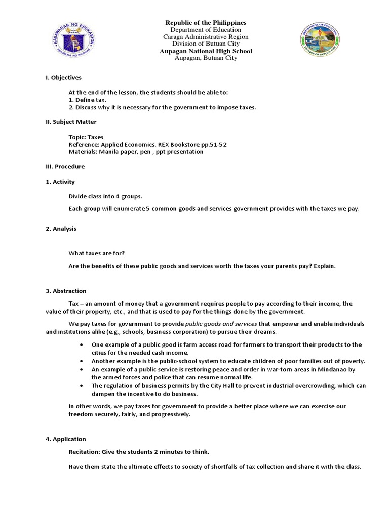 Lesson Plan Taxes | PDF | Public Good | Taxes