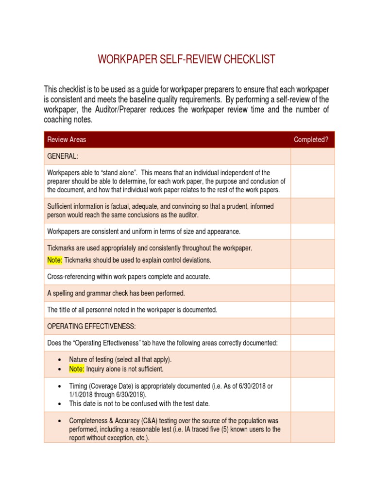 Workpaper Self-Review Checklist | Business