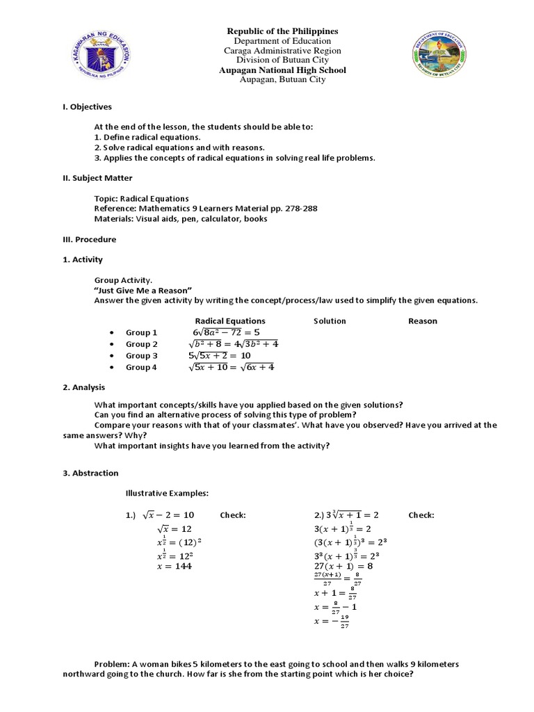 Lesson Plan Radical Equations | PDF | Equations | Reason