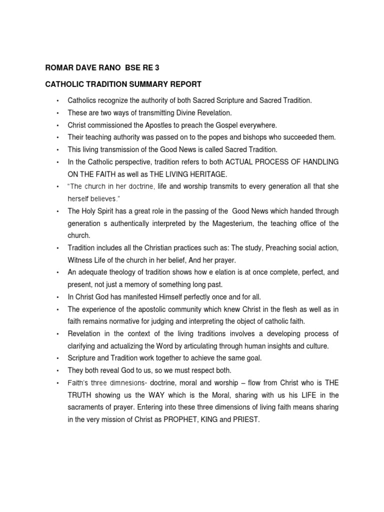 Romar Dave Rano Bse Re 3 Catholic Tradition Summary Report | PDF ...
