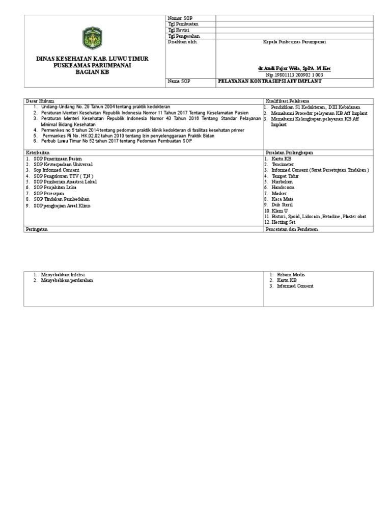 Sop Pelayanan Aff Implan | PDF