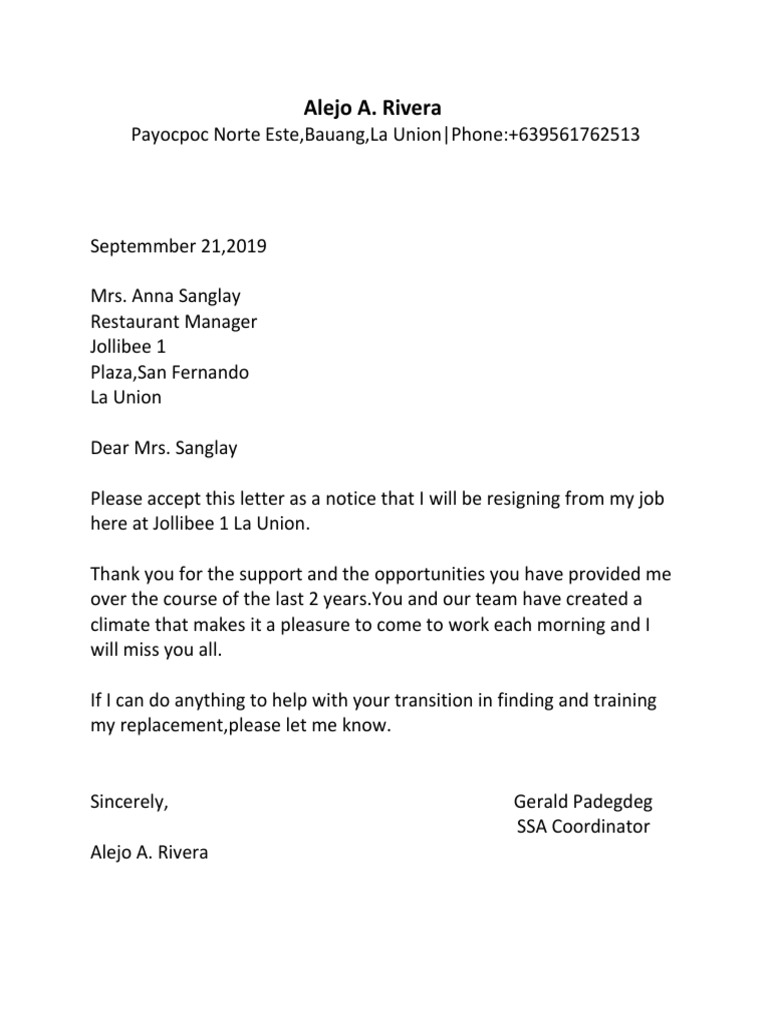 Resignation Letter from Jollibee Employee | PDF | Cooking, Food & Wine ...