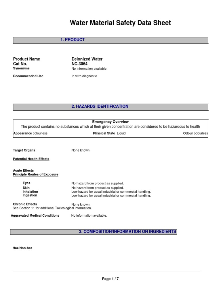 Water Material Safety Data Sheet: 1. Product | PDF | Personal ...
