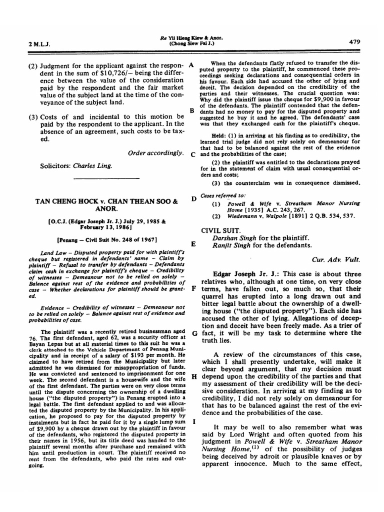 Tan Cheng Hock V Chan Thean Soo & Anor | PDF