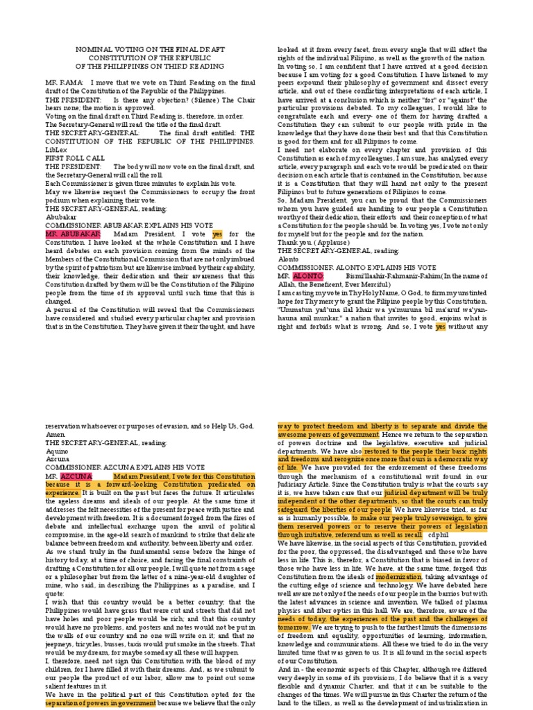 Explanation of Votes, Nominal Voting 1987 Constitution | PDF ...