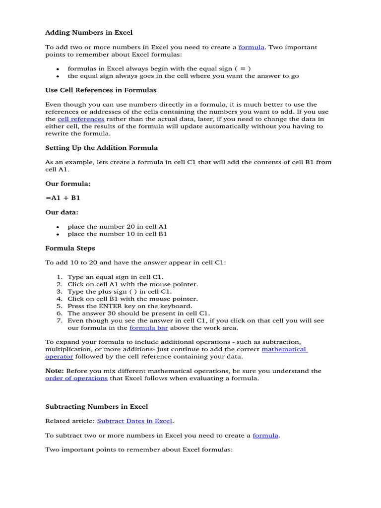 Formula Adding Numbers In Excel Pdf Microsoft Excel Multiplication