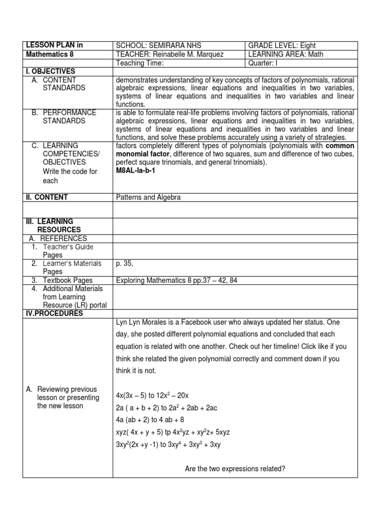 Grade 8 Lesson Plan: Factoring Polynomials | PDF | Factorization ...
