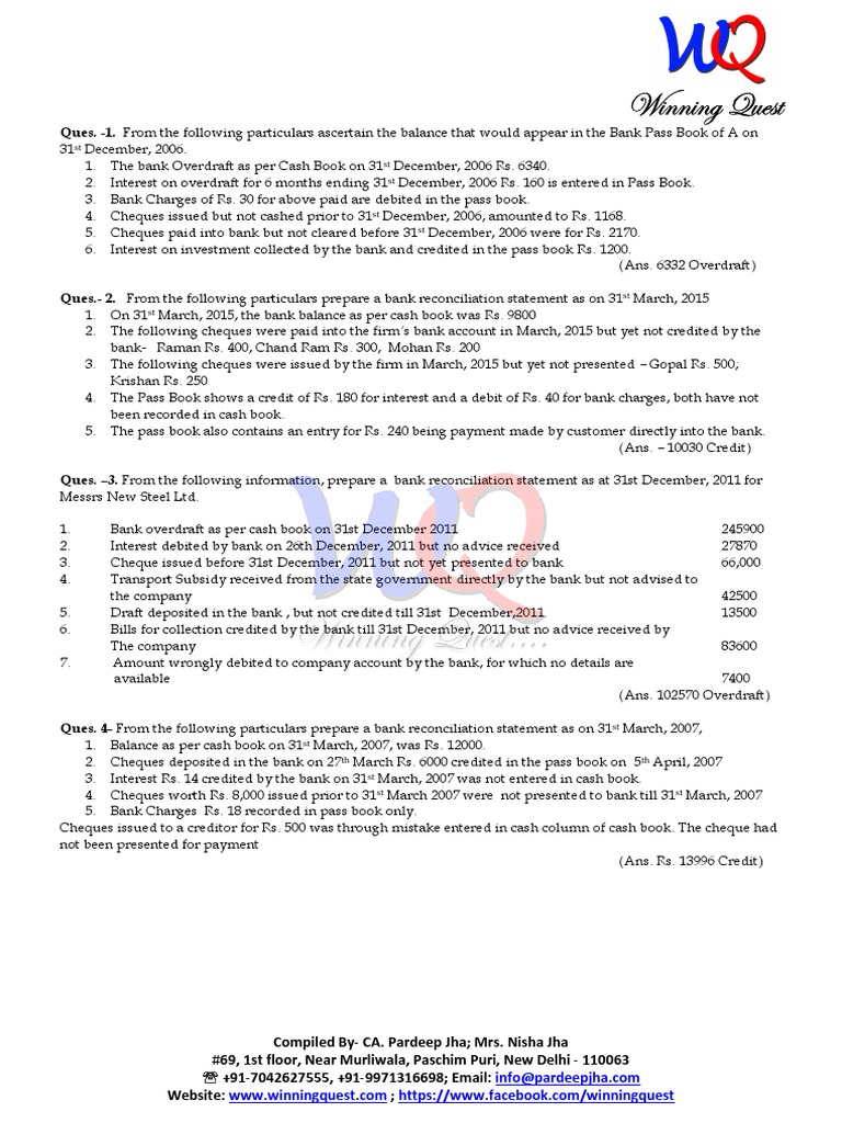 Bank Reconciliation Statement Assignment | PDF | Cheque | Overdraft