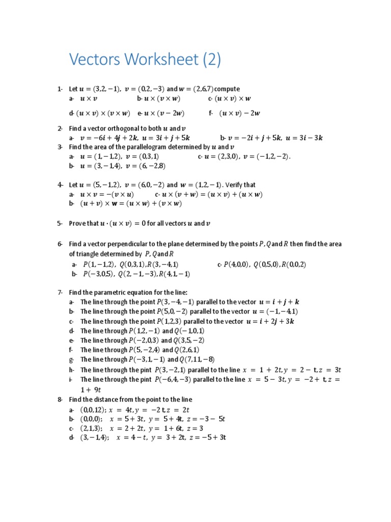 Vectors Worksheet | PDF | Plane (Geometry) | Differential Topology