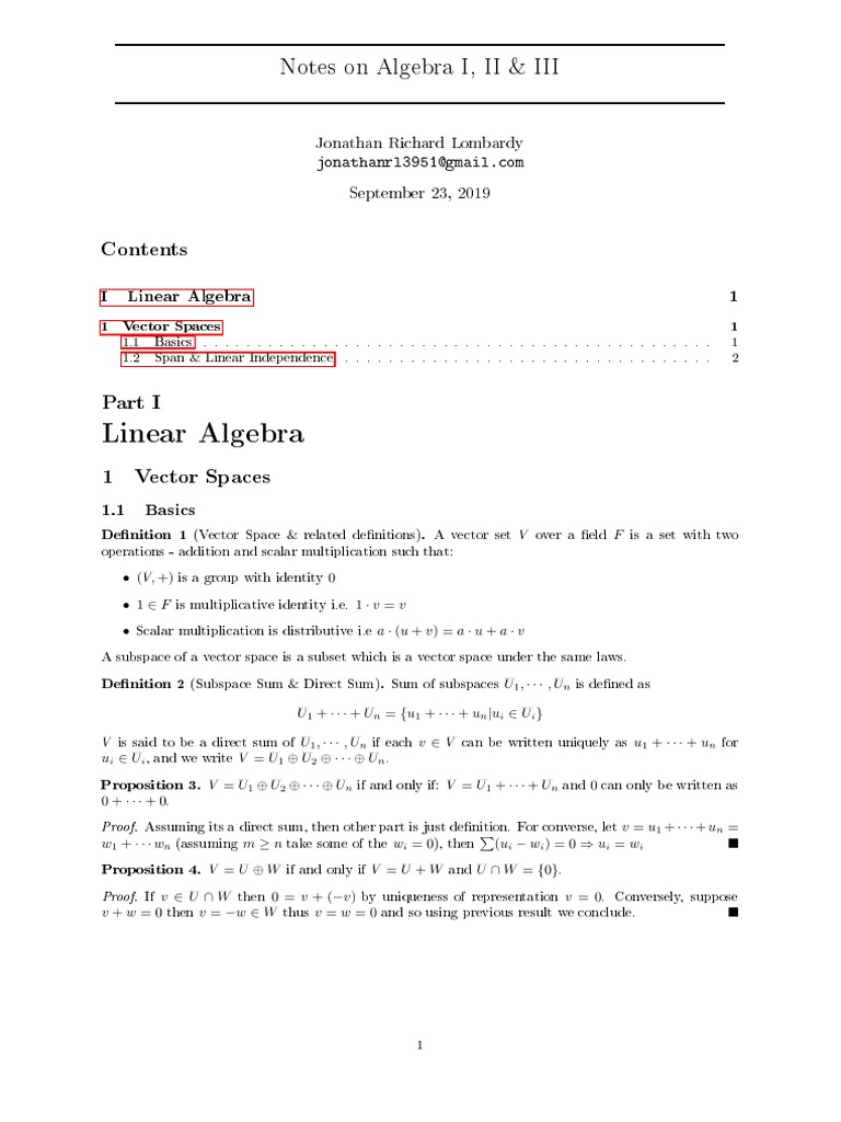 Linear Algebra: Notes On Algebra I, II & III | PDF | Linear Subspace ...