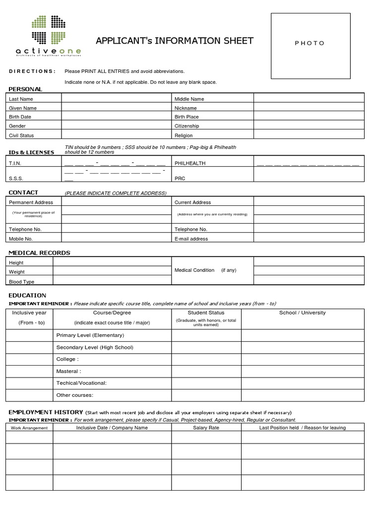Applicant Information Sheet Template | PDF | Birth Certificate | Employment