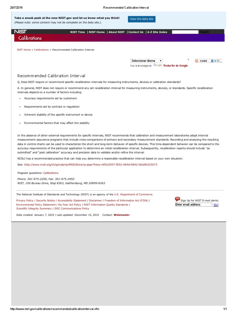 NIST Recommended Calibration Intervals | PDF | National Institute Of ...