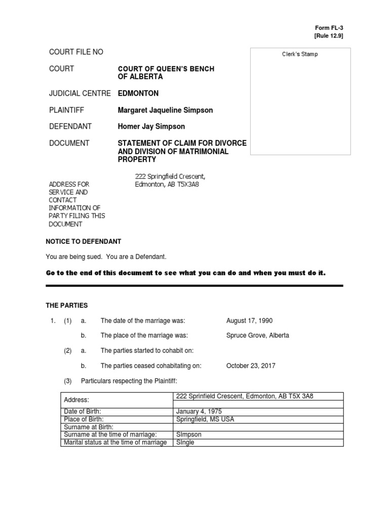 Statement of Claim For Divorce and DMP | PDF | Child Custody | Marriage