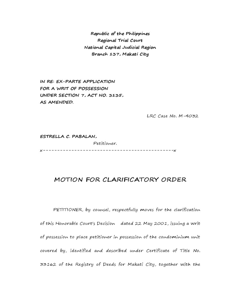 Motion For Clarificatory Order | PDF | Condominium | Judgment (Law)