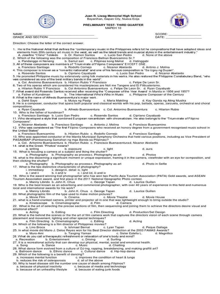 MAPEH 10 Preliminary Test | PDF | Tuberculosis | Public Health