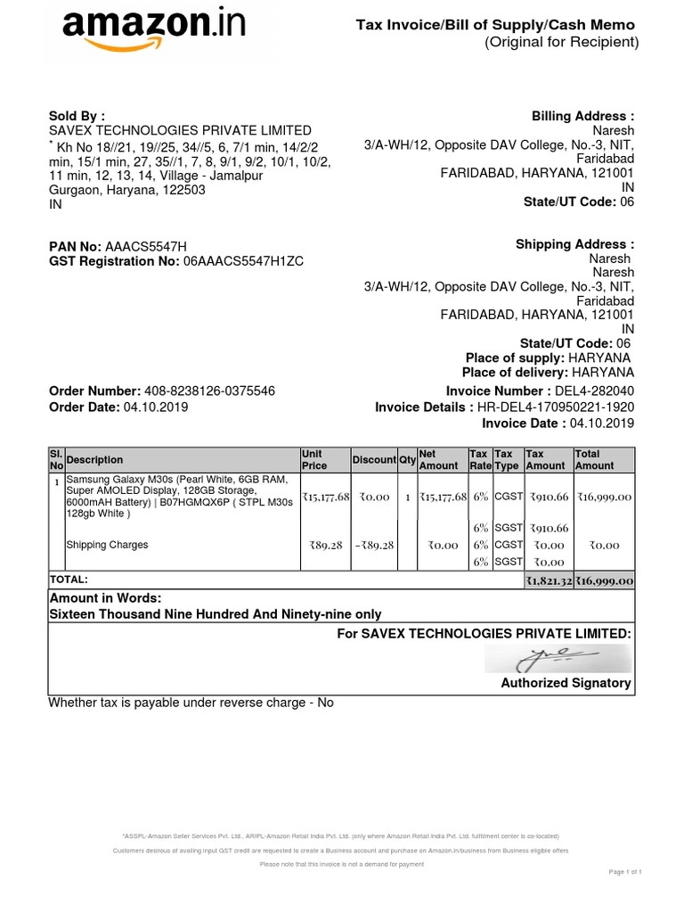 Tax Invoice for Samsung Galaxy M30s | PDF | Invoice | Payments