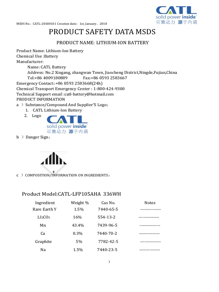 MSDS 105AH - For Replacement | PDF | Rechargeable Battery | Chemistry