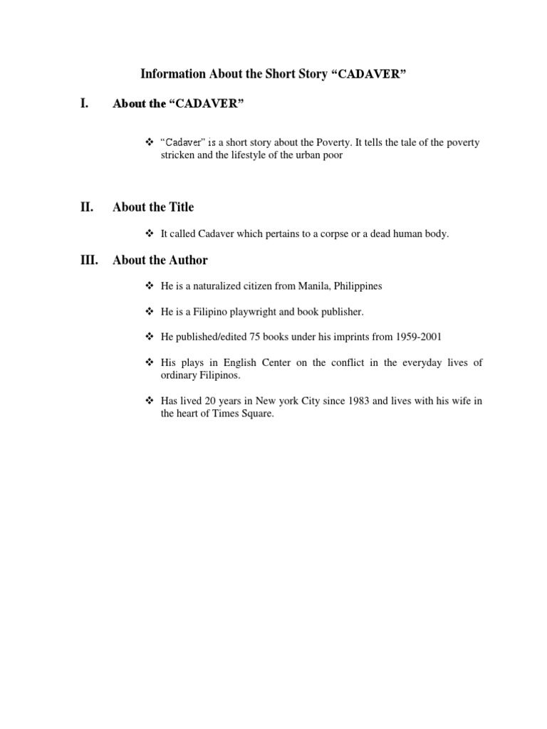 Information About The Short Story "CADAVER" I. About The "CADAVER ...