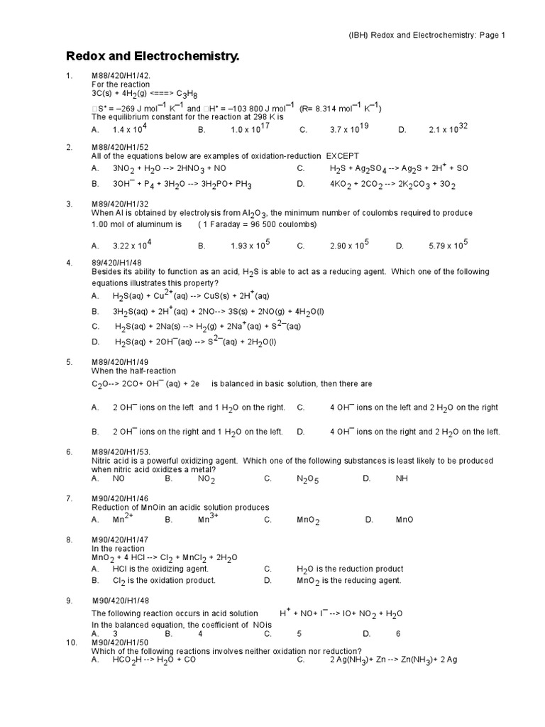 Redox Reactions and Electrochemistry Quiz | PDF | Redox | Electrochemistry