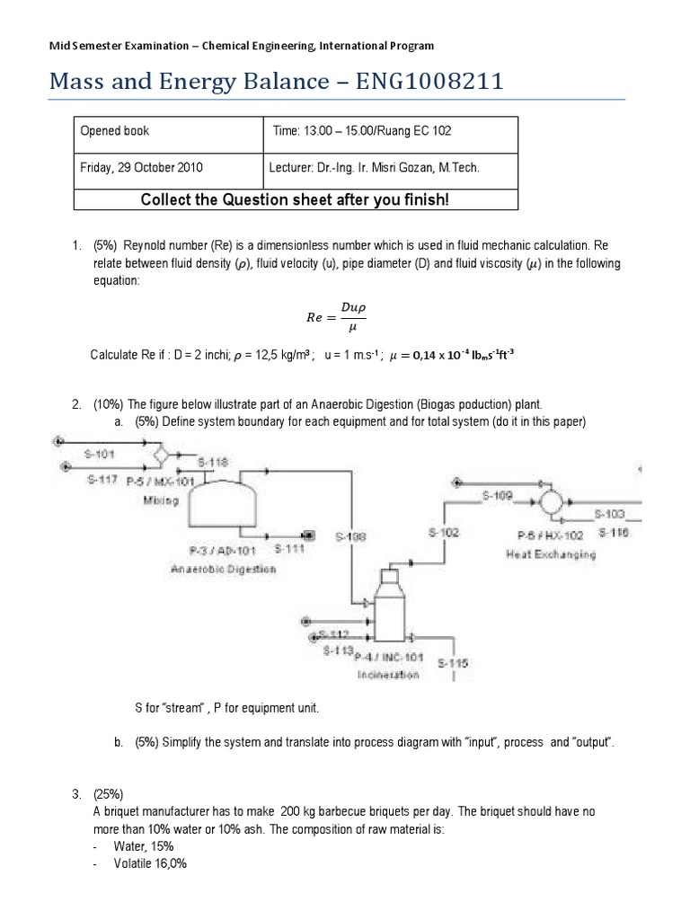 Mass and Energy Balance - ENG1008211: Collect The Question Sheet After ...