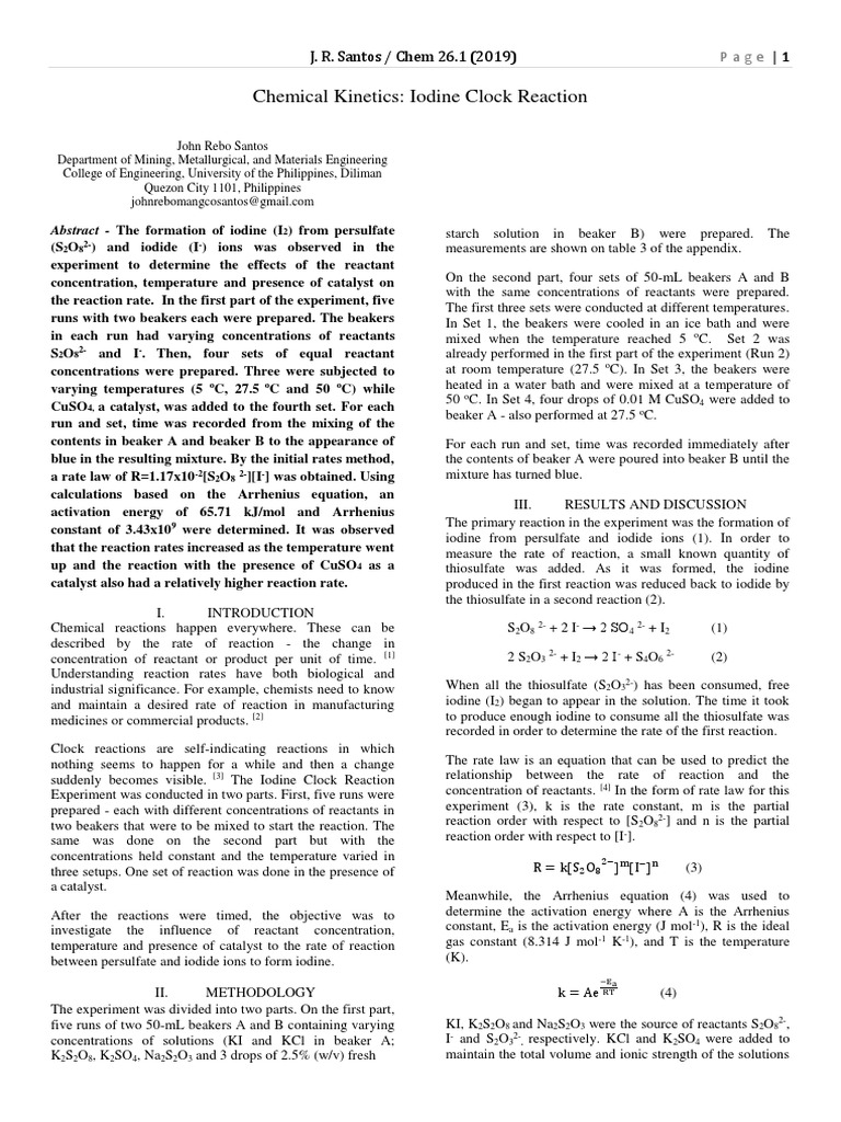 Chemical Kinetics: Iodine Clock Reaction: J. R. Santos / Chem 26.1 ...