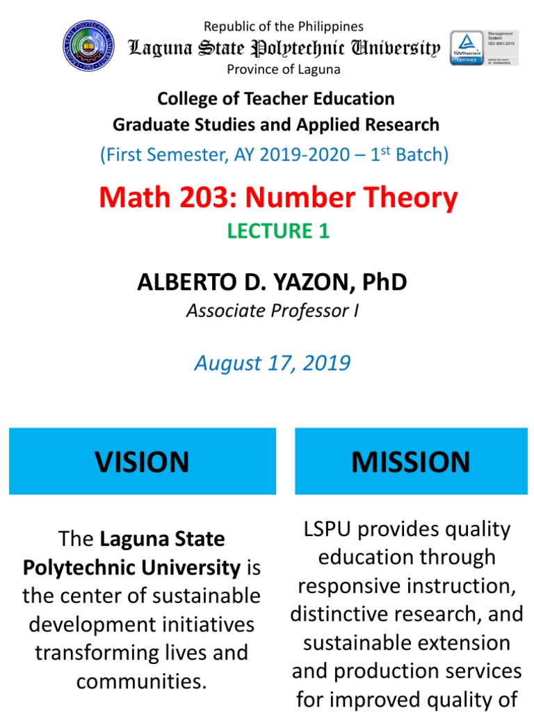 Math 203: Number Theory: Alberto D. Yazon, PHD | PDF | Set (Mathematics ...