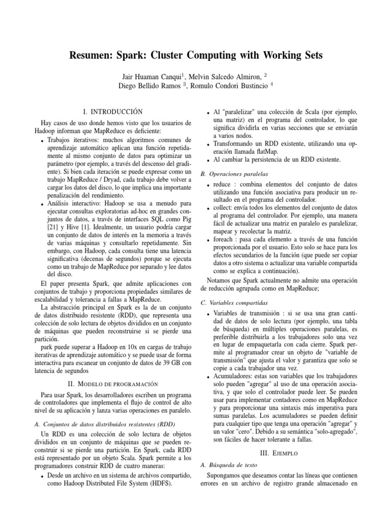 Resumen sobre Spark: Cálculo de clúster con conjuntos de trabajo | PDF | Mapa reducido | Apache ...