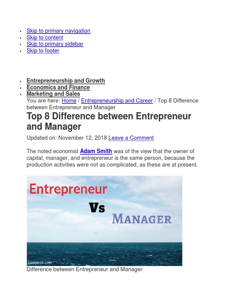 Difference Between Entrepreneur and Manager | PDF | Entrepreneurship ...