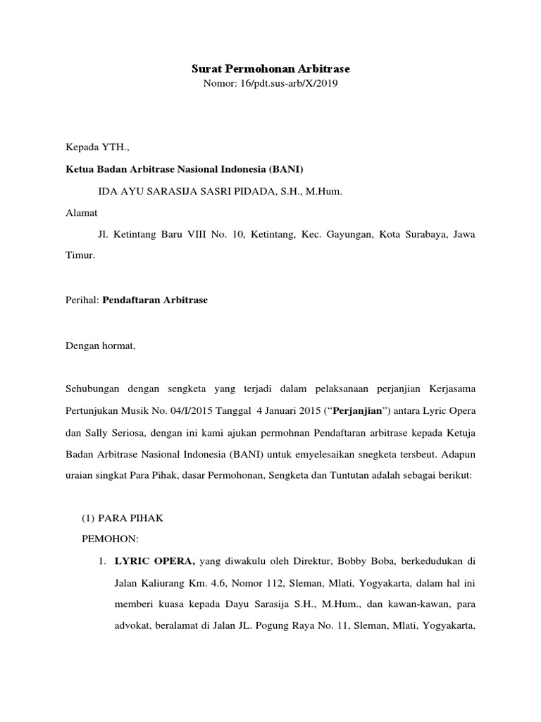 Surat Permohonan Arbitrase | PDF