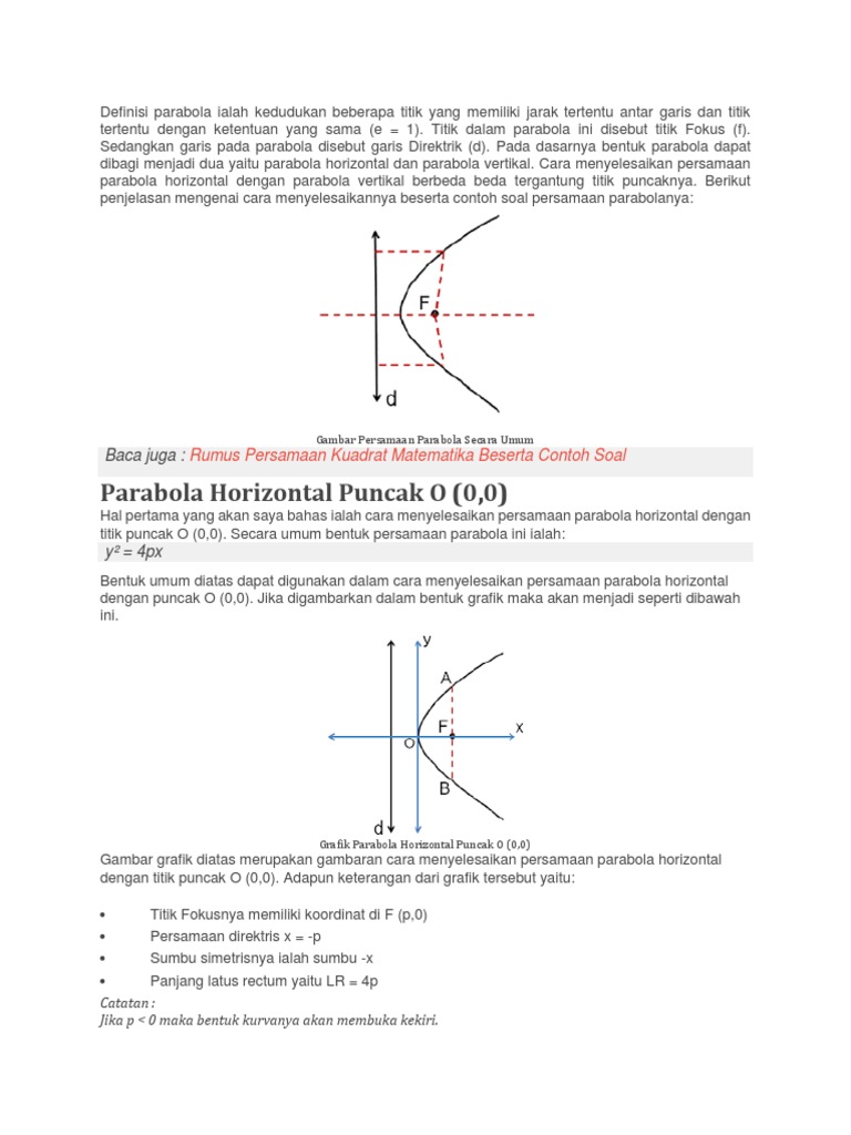 Definisi Parabola Ialah Kedudukan Beberapa Titik Yang Memiliki Jarak ...