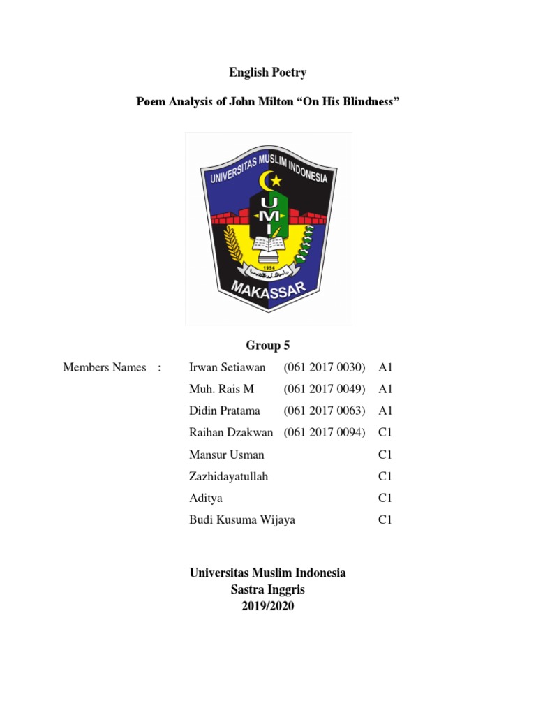 Group 5 - Poem Analysis of John Milton 'On His Blindness' | PDF ...