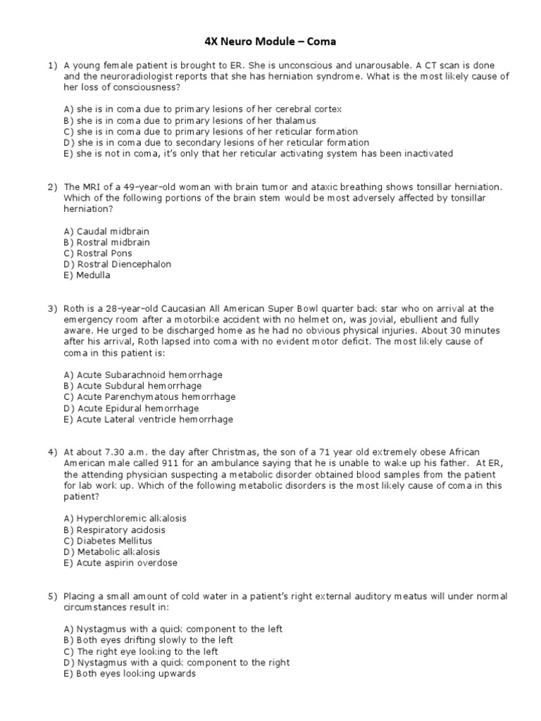 Questions Coma | PDF | Coma | Neuroanatomy