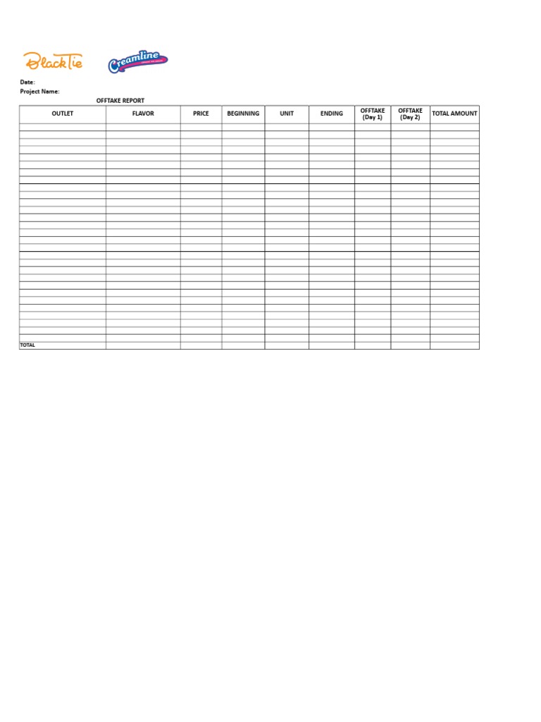 Date: Project Name: Offtake Report Outlet Flavor Price Beginning Unit ...