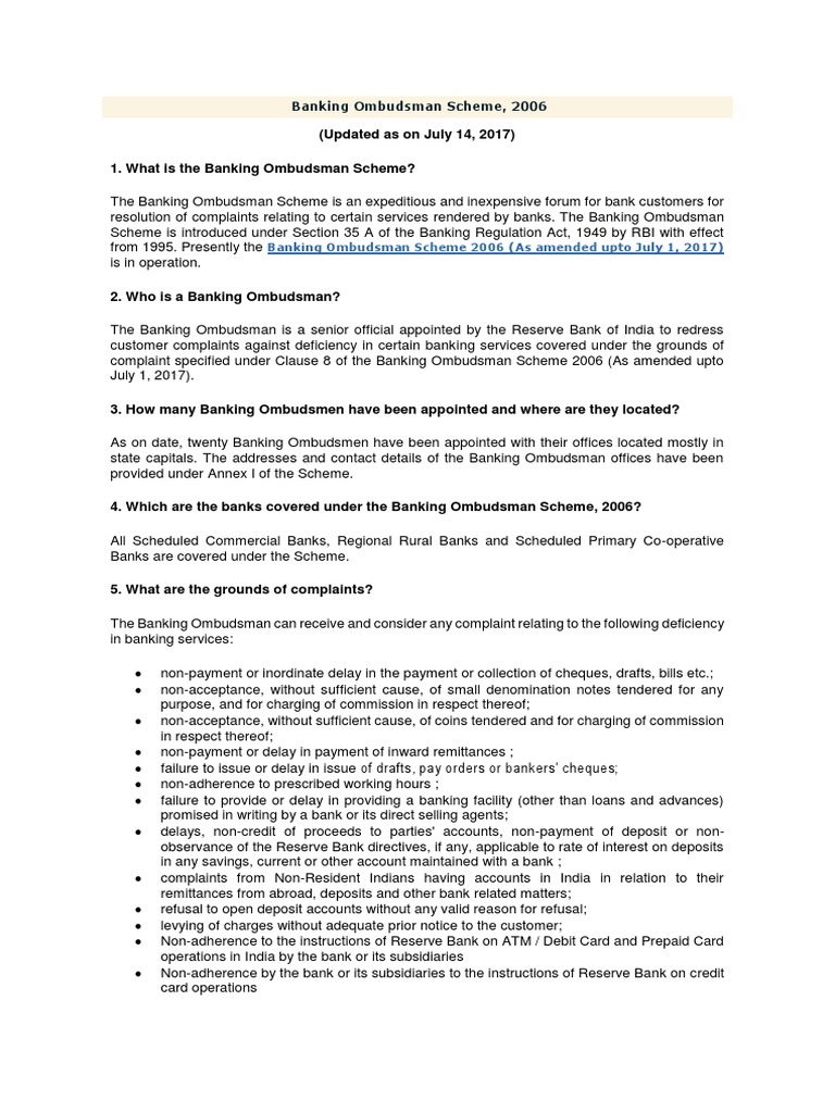 Banking Ombudsman Scheme 2006 - FAQ PDF | PDF | Deposit Account | Banks