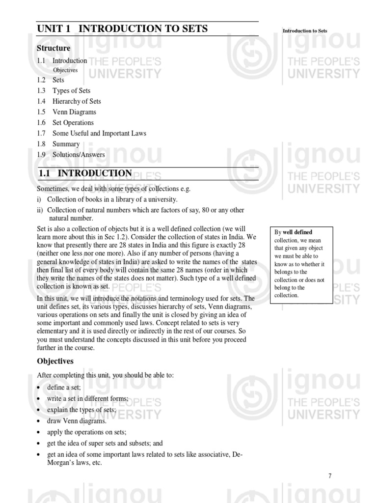 Unit 1 Introduction To Sets: Structure | PDF | Set (Mathematics) | Intersection (Set Theory)