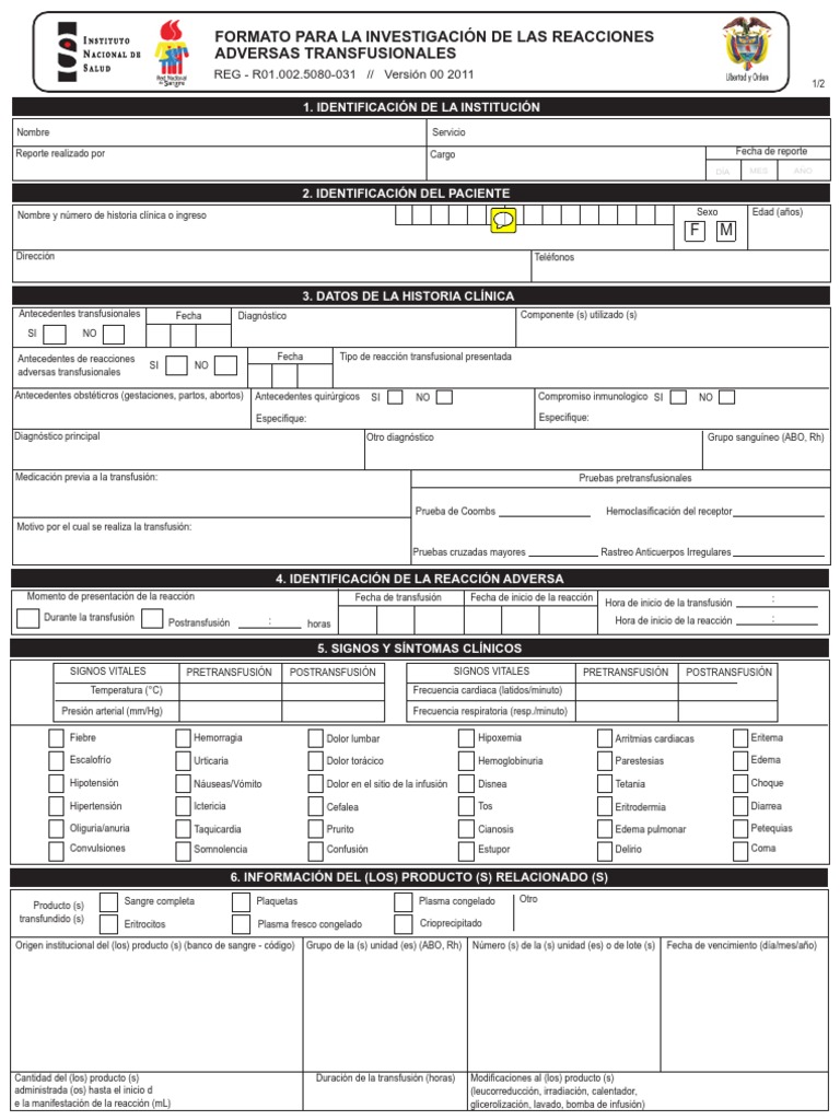 Formato Notificacion Reacciones Adversas A La Transfusion RAT | PDF | Transfusión de sangre ...