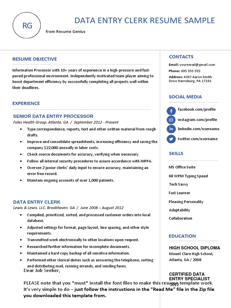 Data Entry Clerk Resume Sample Unique Blue | PDF | Résumé | Employment
