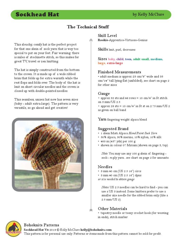 Sockhead Hat: The Technical Stuff | PDF | Knitting | Yarn