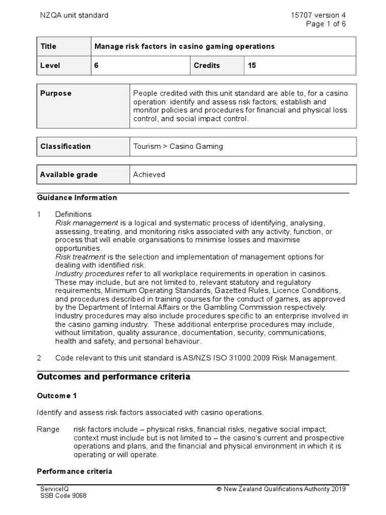 Title Manage Risk Factors in Casino Gaming Operations Level 6 Credits ...