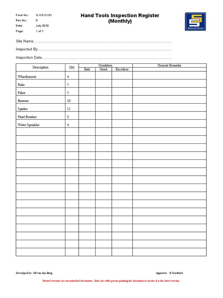 S-OS-21-01 Hand Tool Inspection Register | PDF