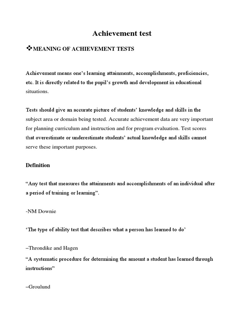 Achievement Test: Meaning of Achievement Tests | PDF | Teaching ...