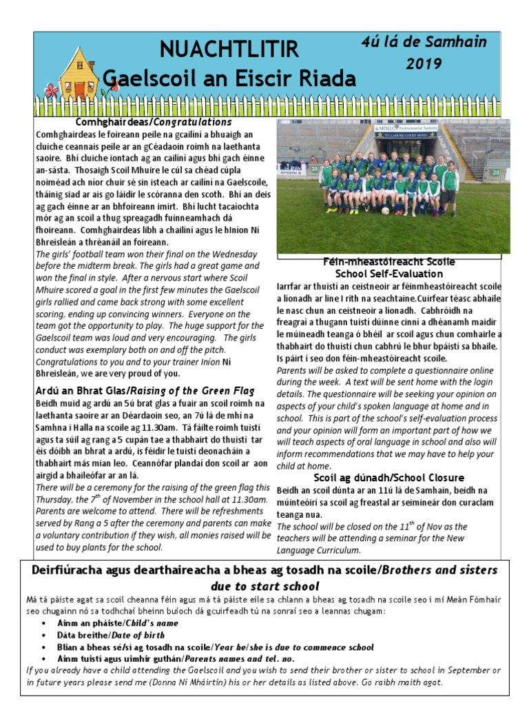 Nuachtlitir Gaelscoil An Eiscir Riada: 4ú Lá de Samhain 2019 | PDF