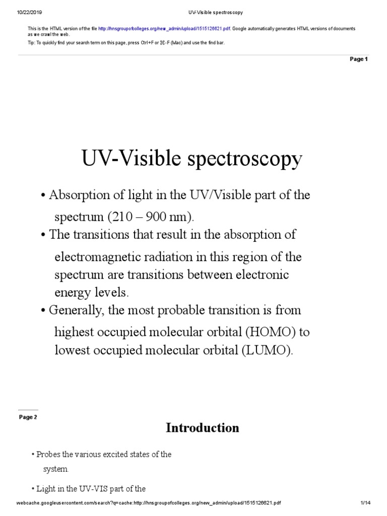 UV-Visible Spectros PDF | PDF | Ultraviolet–Visible Spectroscopy | Spectroscopy