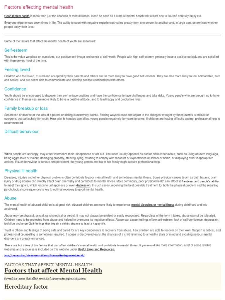 Factors Affecting Mental Health | PDF | Mental Health | Mental Disorder