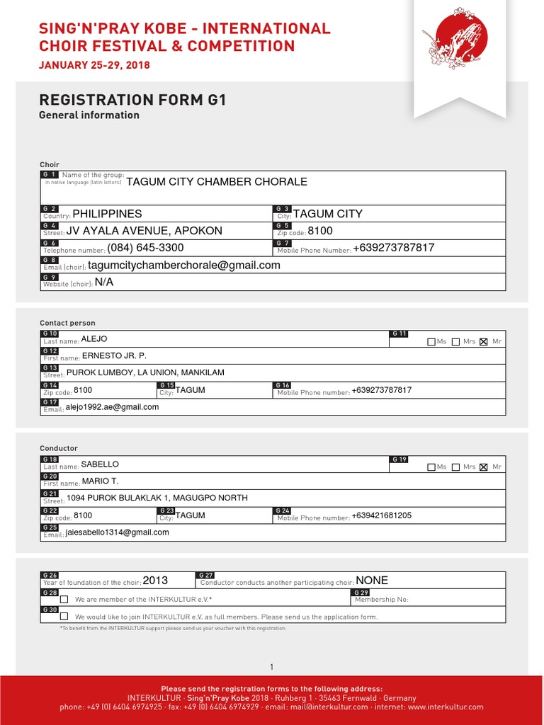 Registration Form G1: Sing'N'Pray Kobe - International Choir Festival ...